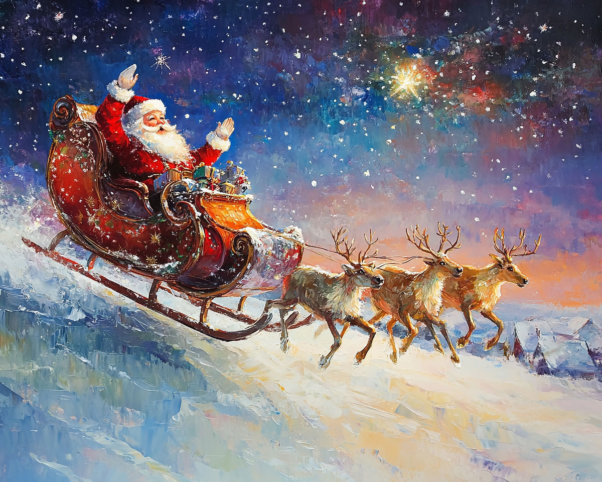 SANTAS MAGICAL RIDE - UNIQUE ONE-OF-A-KIND ORIGINAL OIL PAINTING ON CANVAS