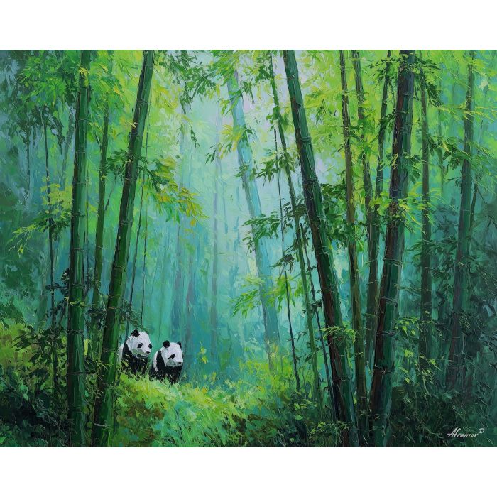 Bamboo Mountain Mist Painting | Emerald Chinese Forest Landscape