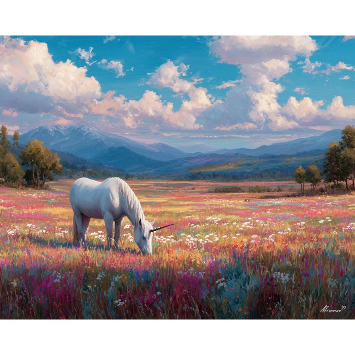 HORNED HORSE MEADOW | Fantasy Creature Oil Painting